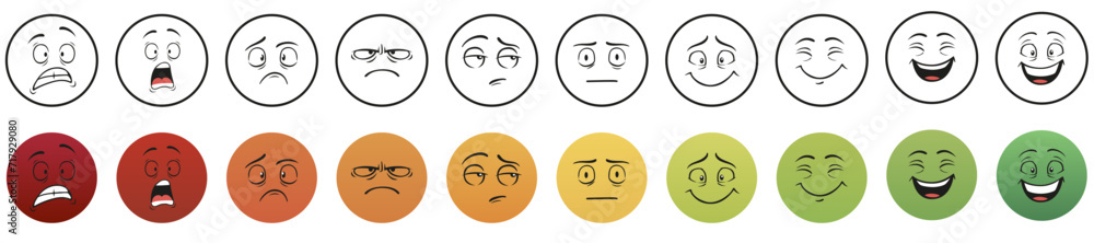 Black and color round faces emotions set. Characters people with red ...