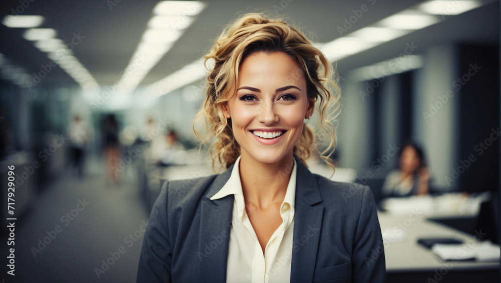 Portrait of smiling woman in office. Modern blurred office during ...