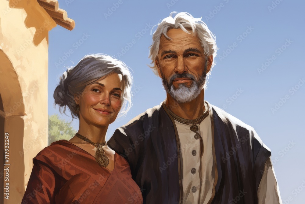 old medieval couple. a middle aged father and his elderly grey haired ...