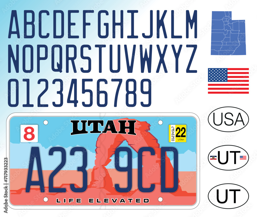 Utah state car license plate pattern with arch, letters and numbers ...