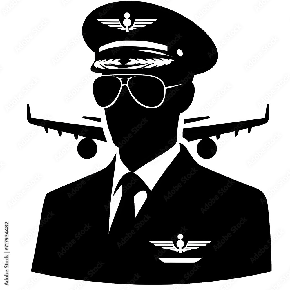 Airplane pilot silhouette icon, depicted in a confident and ...