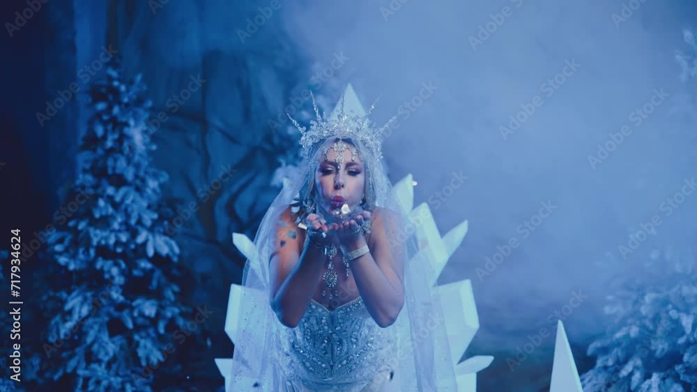 Art portrait Fantasy woman snow queen blows on shining sparkles glitter ...