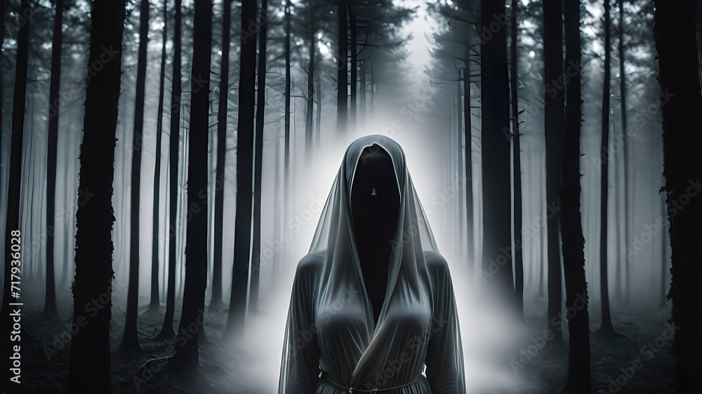 Beautiful woman ghost with a covered face, standing mysteriously in a ...