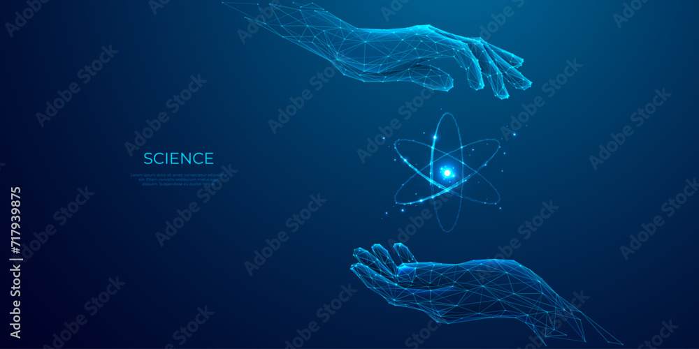 Abstract scientist hands-holding nuclear atom hologram model. Science ...