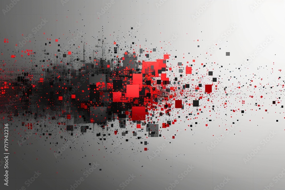 A background poster featuring exploding pixels in vibrant red and black ...