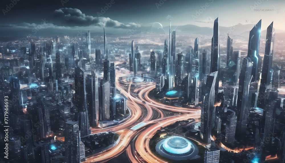 Futuristic technology city background banner with modern high-rise ...