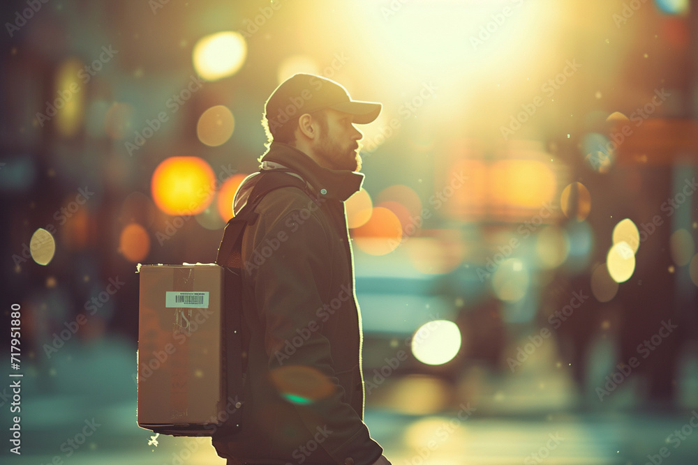 courier with a parcel, walking confidently with a blurry light bokeh ...