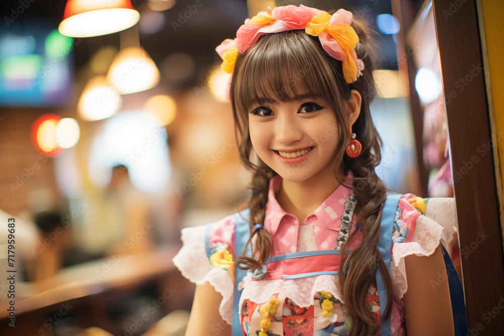 Japanese Maid Café. Bright and cheerful young waitress dressed in a ...