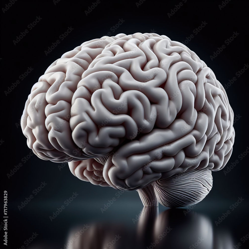 Human brain, side view, isolated on black background. Stock ...
