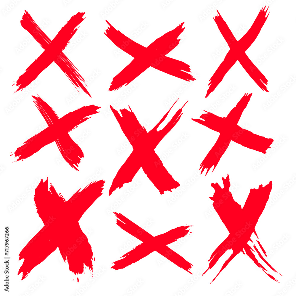 X red mark set in grunge style. Hand drawn crossed brush strokes ...