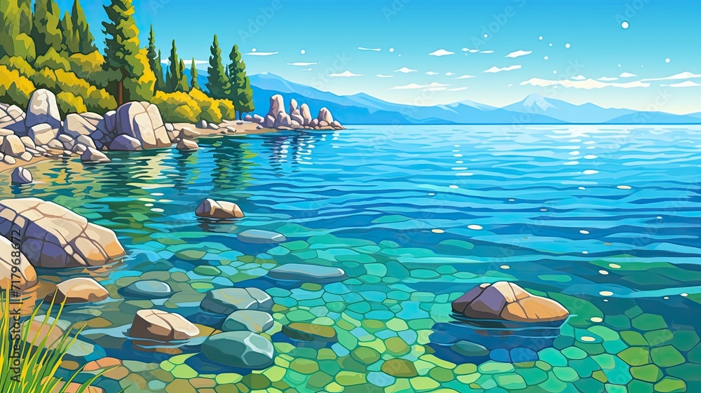 cartoon illustration clear blue lake surrounded by rocky shores and ...