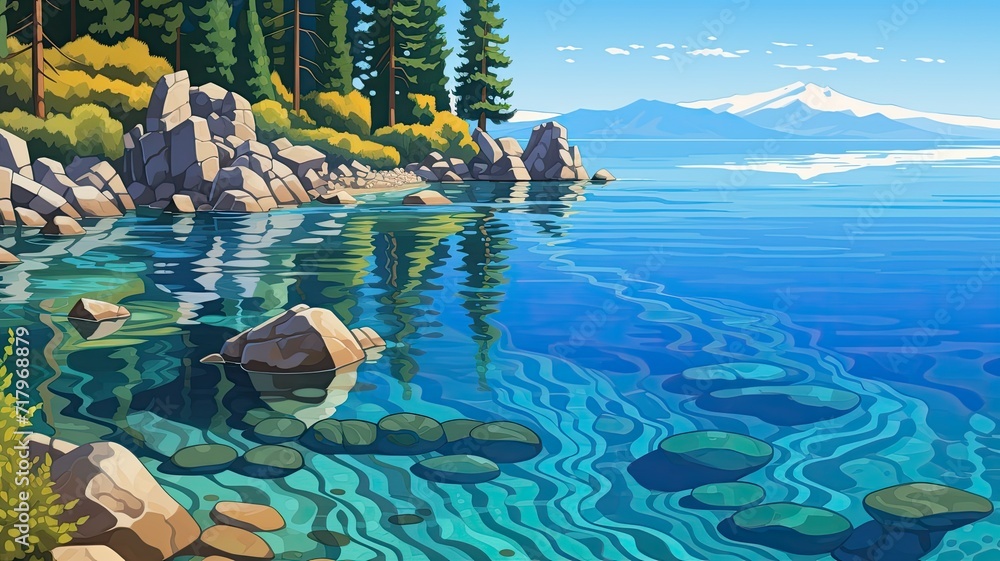 cartoon illustration clear blue lake surrounded by rocky shores and ...