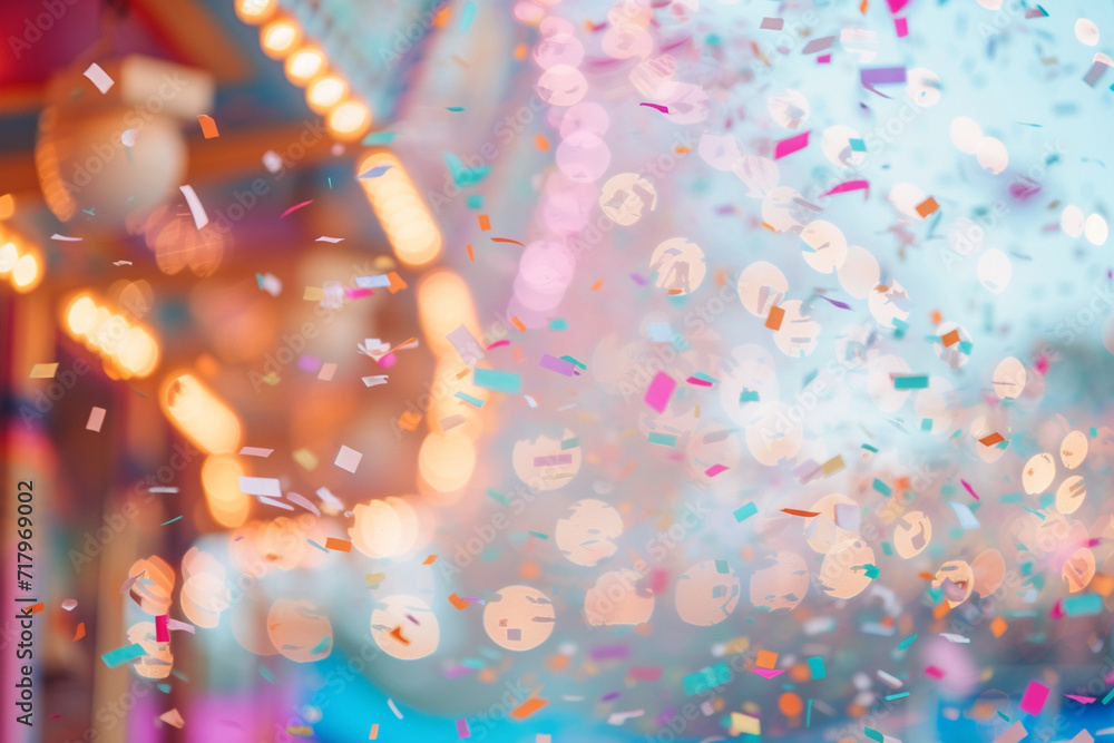 Pastel confetti fluttering around a vintage carnival booth, colorful ...