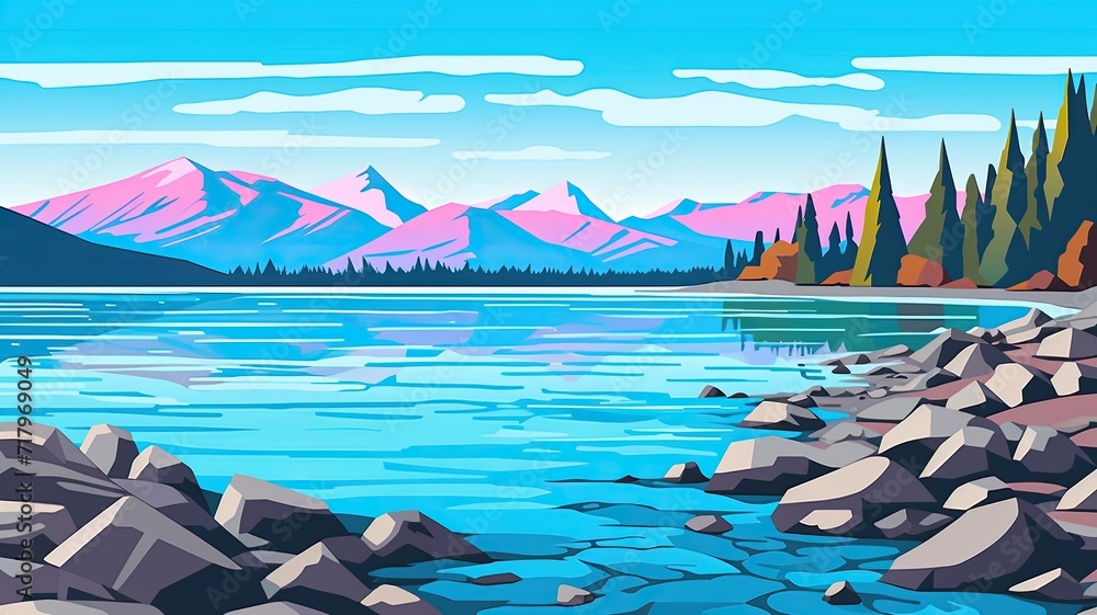 cartoon illustration Stunning turquoise lake surrounded by mountains ...