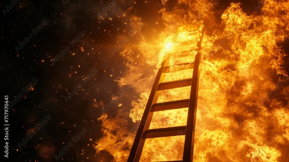 Valuable Ladder Construction Tool in fire flying on the black ...