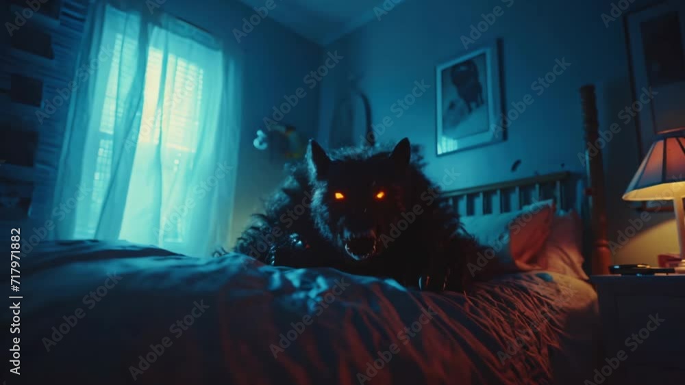 Wideo Stock: Сhild had nightmare. Scary werewolf with glowing eyes sit on bed. Spooky creepy ...