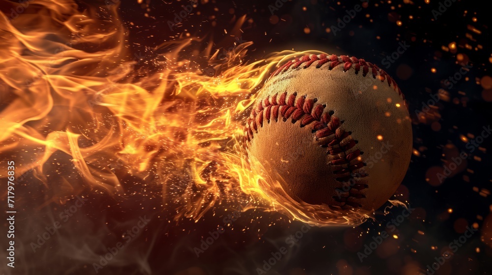 Professional Softball ball Sports Equipment in fire flying on the black ...