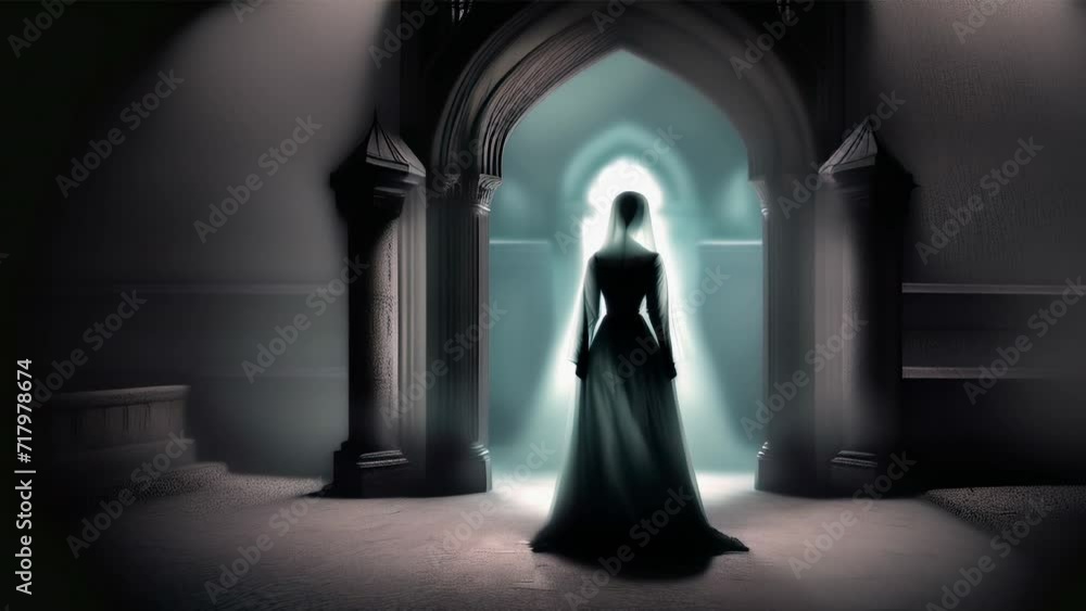 Female ghost silhouette. Beautiful scary horror scene. Mystery dead ...