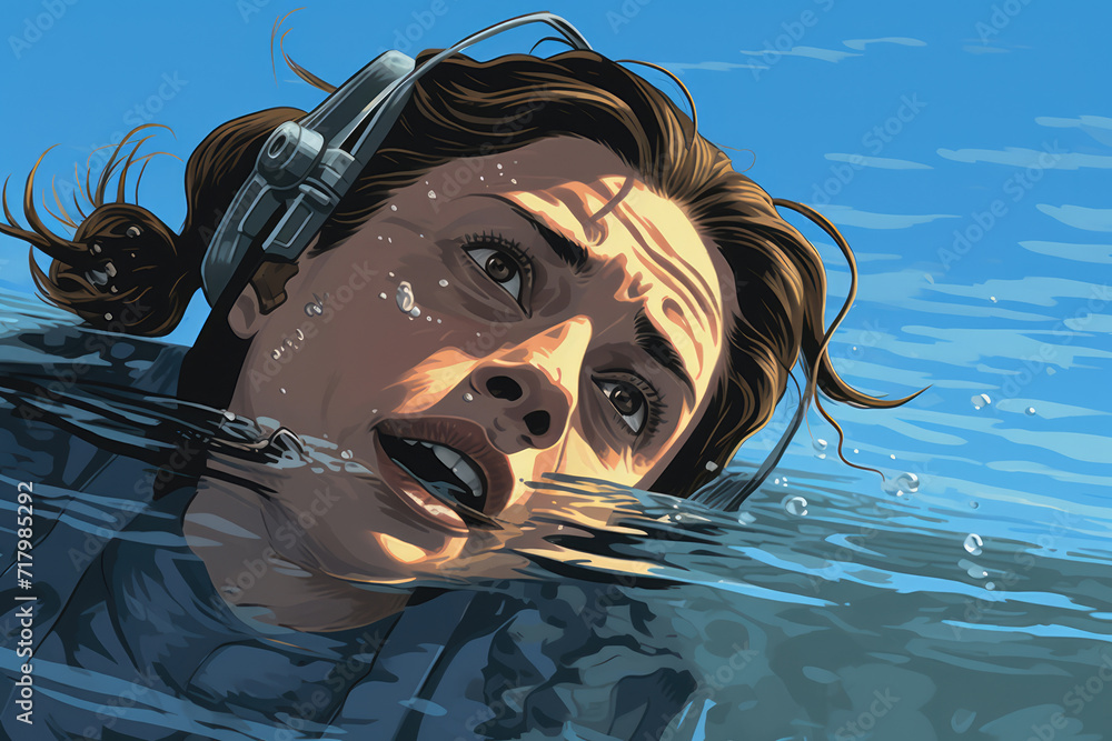 Illustration of a French female tourist, in her late 20s, drowning in ...