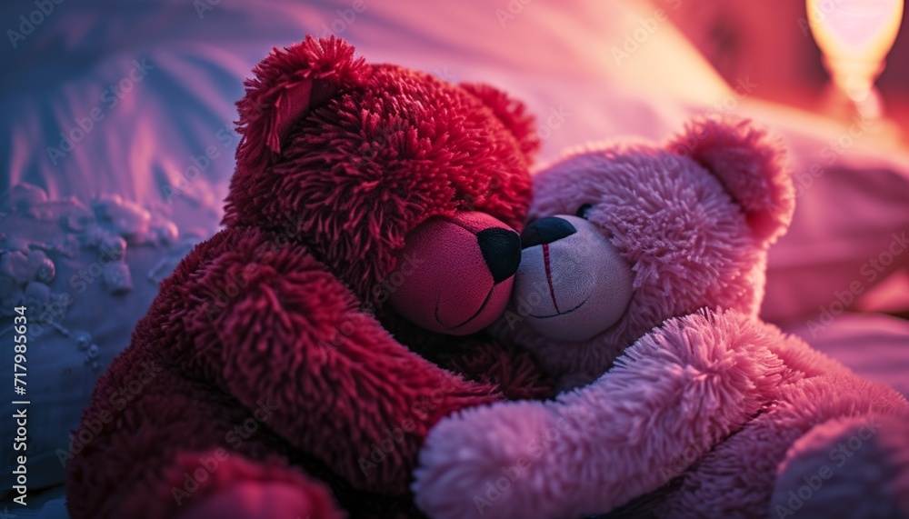 Red Teddy bear embracing a pink Teddy bear in a cozy hug captured in ...