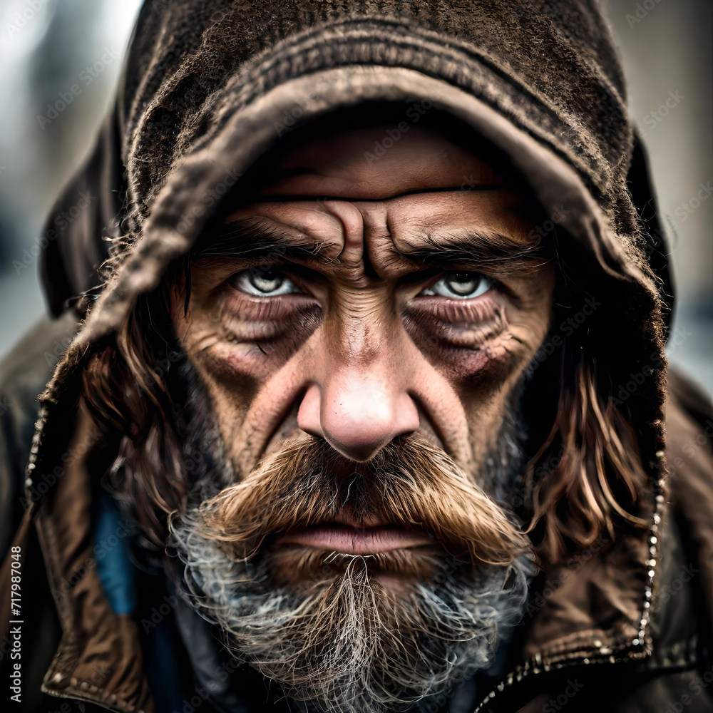 A homeless man with long unwashed hair and dirty clothes and a dirty ...