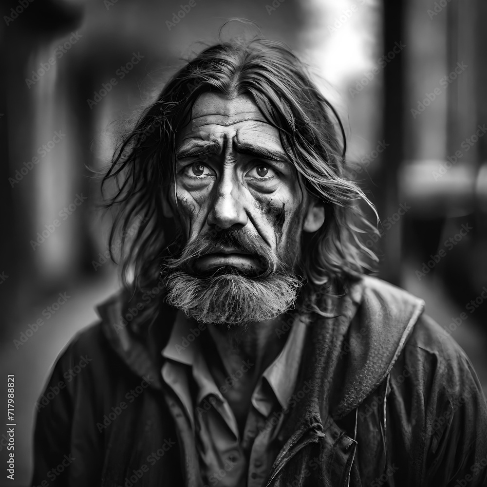 A homeless man with long unwashed hair and dirty clothes and a dirty ...