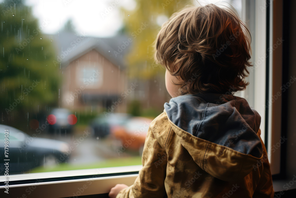 5-year-old Canadian boy looking out the daycare window longingly ...
