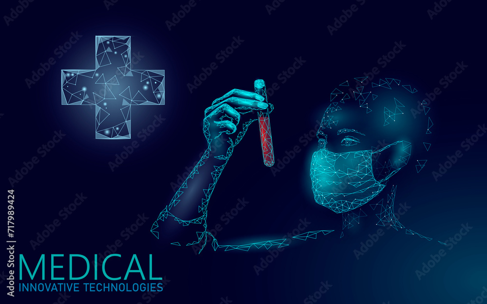3D medical blood test analysis. Low poly woman nurse silhouette test ...