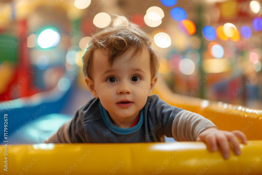 toddler exploring a soft play area on the commercial playground, with ...