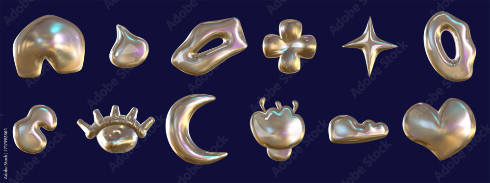 3d y2k chrome glossy silver element set. Abstract shape chrome metal ...