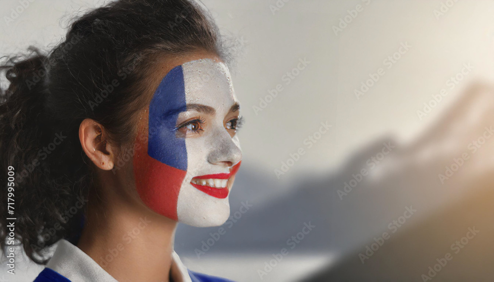 French Woman Supporter with Flag Face Paint.France 2024 Olympic concept ...