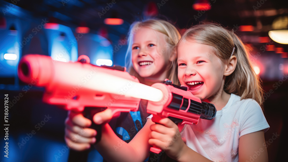 cheerful children playing laser tag, kids, shooting, laser gun, game ...
