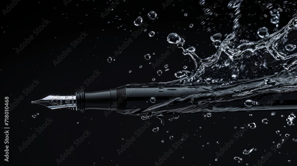 Artistic Ink pen Art Tool in water splashes on the black background ...