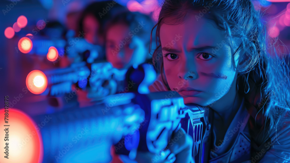 cheerful children playing laser tag, kids, shooting, laser gun, game ...