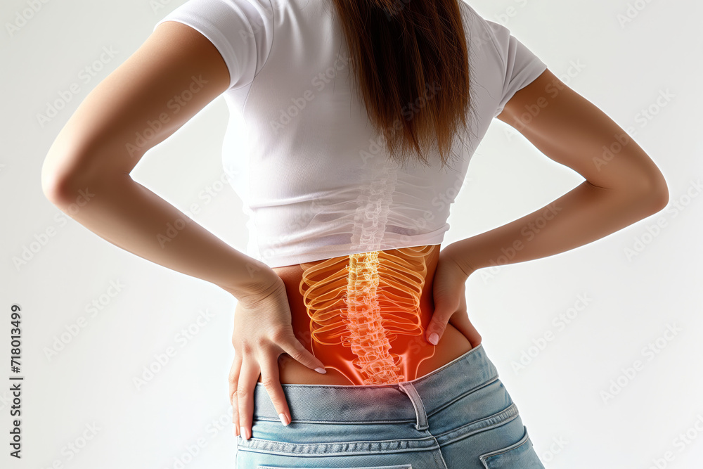 The girl is holding her arms to her side, she has lower back pain, her ...