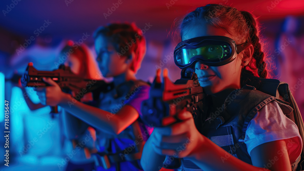 cheerful children playing laser tag, kids, shooting, laser gun, game ...