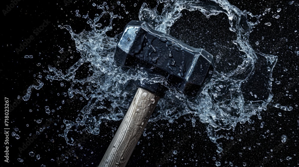 Versatile Sledgehammer Construction Tool in water splashes on the black ...