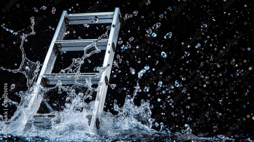 Valuable Step ladder Construction Tool in water splashes on the black ...