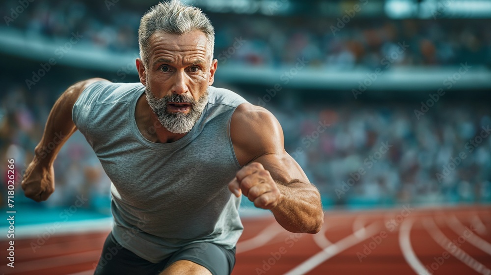 Speed and Agility in Focus: Male Sprint Athlete Against Stadium ...