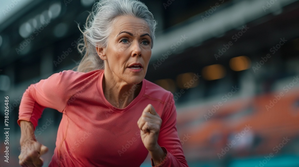 "Elderly Female Sprint Athlete: Intense and Focused with Stadium ...