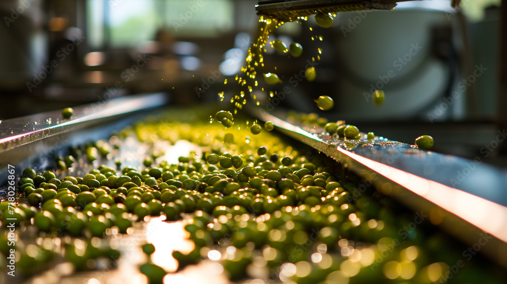 A detailed shot of olives being poured onto a conveyor belt, entering ...