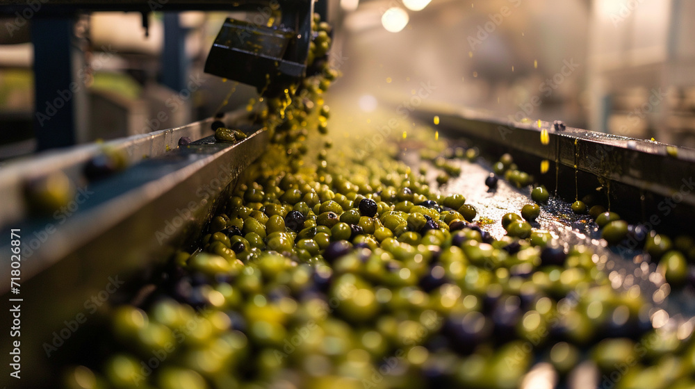 A detailed shot of olives being poured onto a conveyor belt, entering ...
