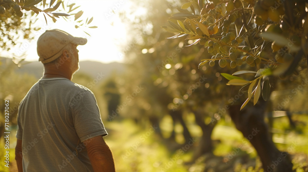 An olive oil farmer inspecting olive trees laden with ripe fruit ...