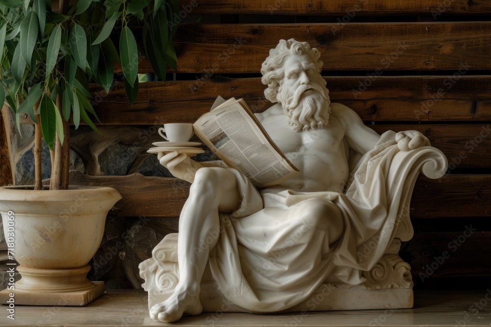 An ancient Greek statue in a casual life, enjoying a cup of coffee and ...