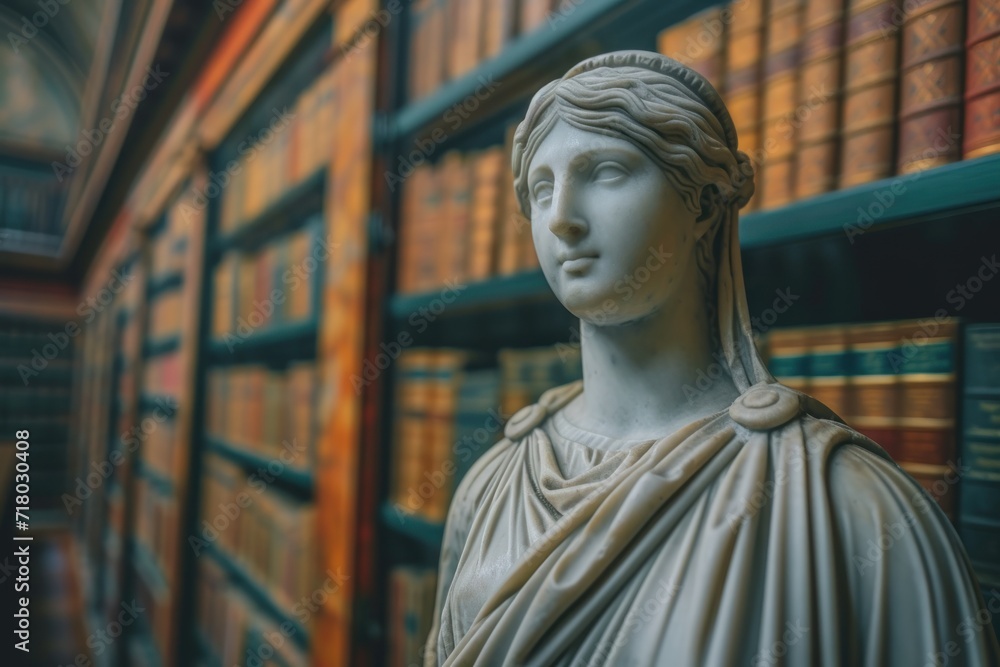 An ancient Greek statue in a public library, browsing through books ...