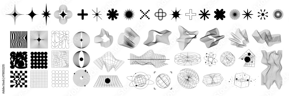 Retro futuristic abstract shapes set, vector cyberpunk grid design ... Retro futuristic abstract shapes set, vector cyberpunk grid design ...