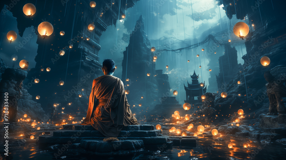 Buddhist monk in meditation. Desktop wallpaper. Template. Magical ...
