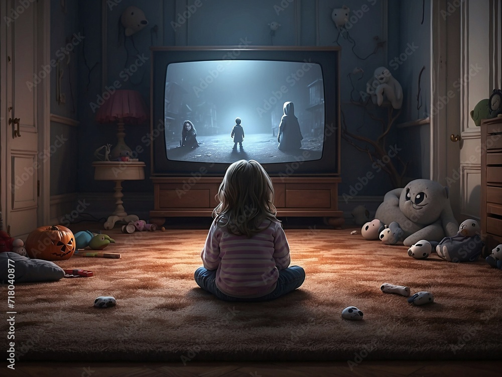 little girl sitting on the floor watching tv with giant teddy bears ...