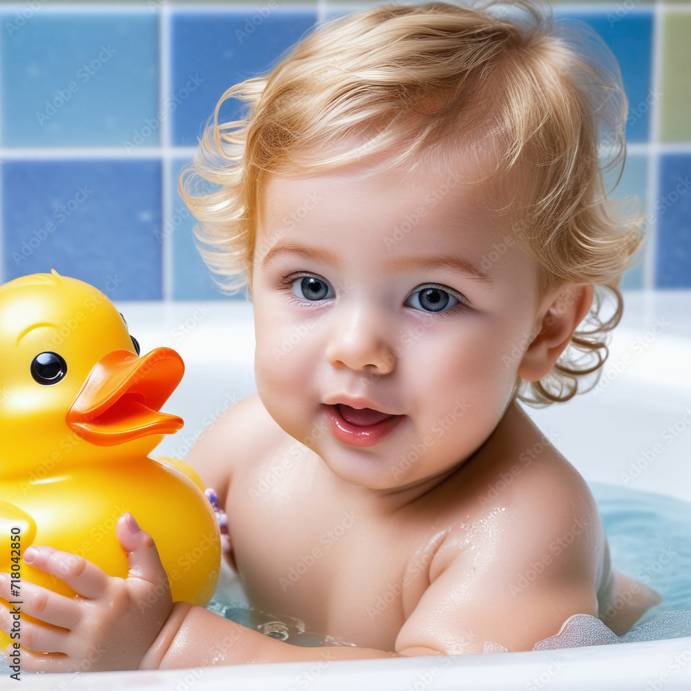 Portrait of happy laughing baby bathing in bathtub with yellow toy duck ...