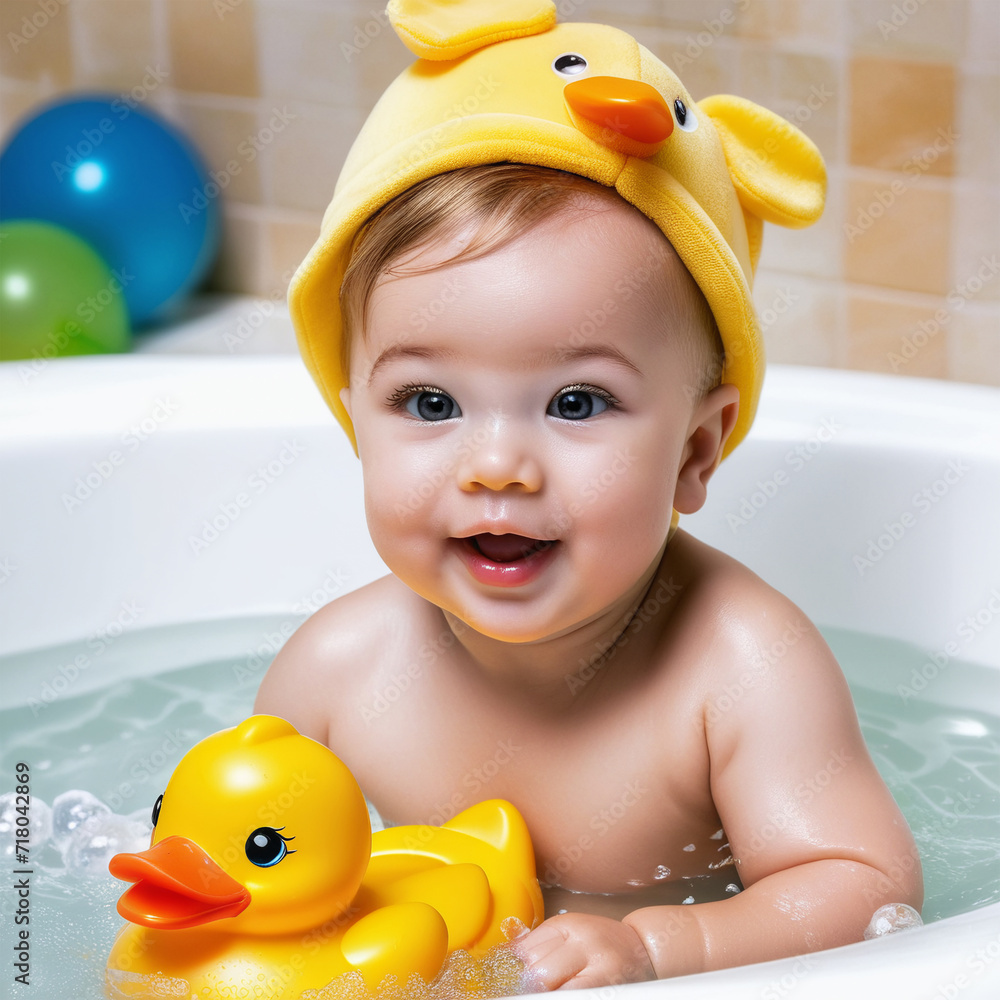 Portrait of happy laughing baby bathing in bathtub with yellow toy duck ...